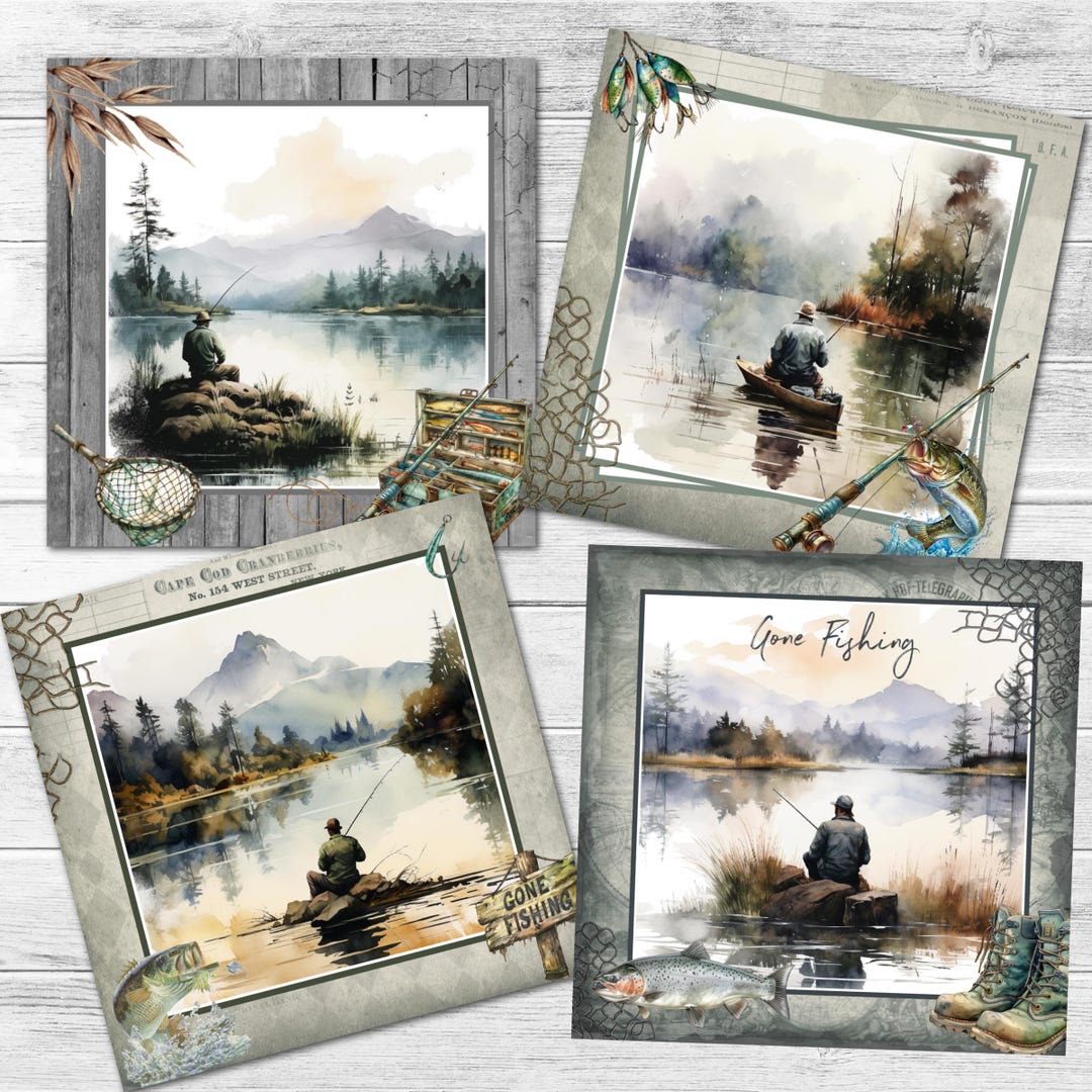 4 Gone Fishing Angler Card Toppers Card Making Decorations - 5" Square ...