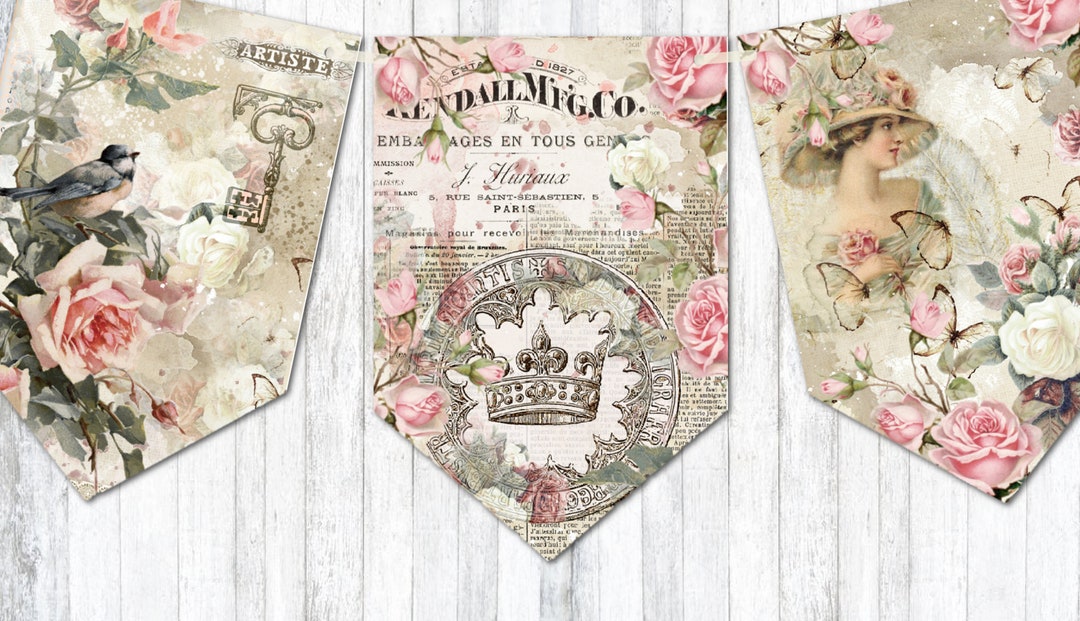 Vintage Style Shabby Chic Pink Rose Floral Bunting/banner Decoration ...