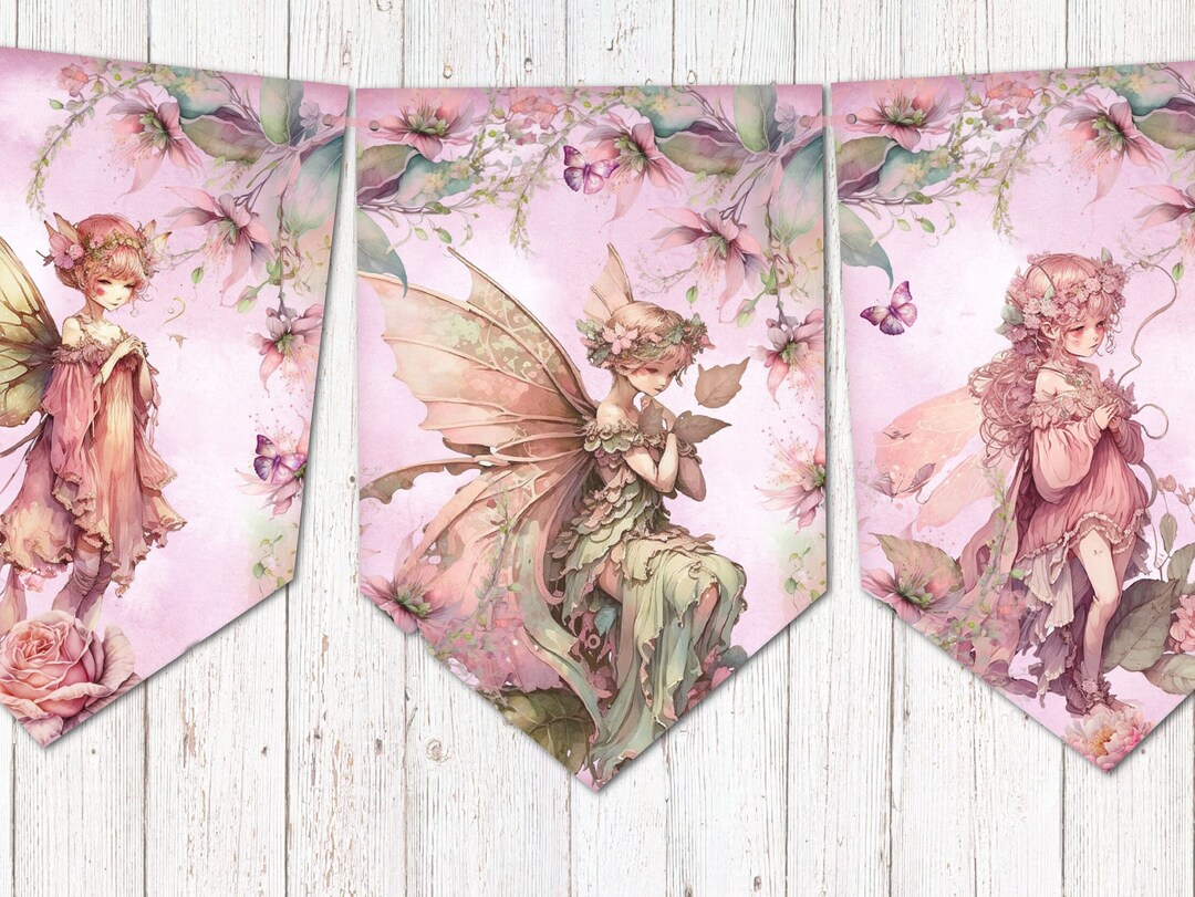 Pink Flower Fairies Bunting & Ribbon, Girl's Party Bunting Decoration ...