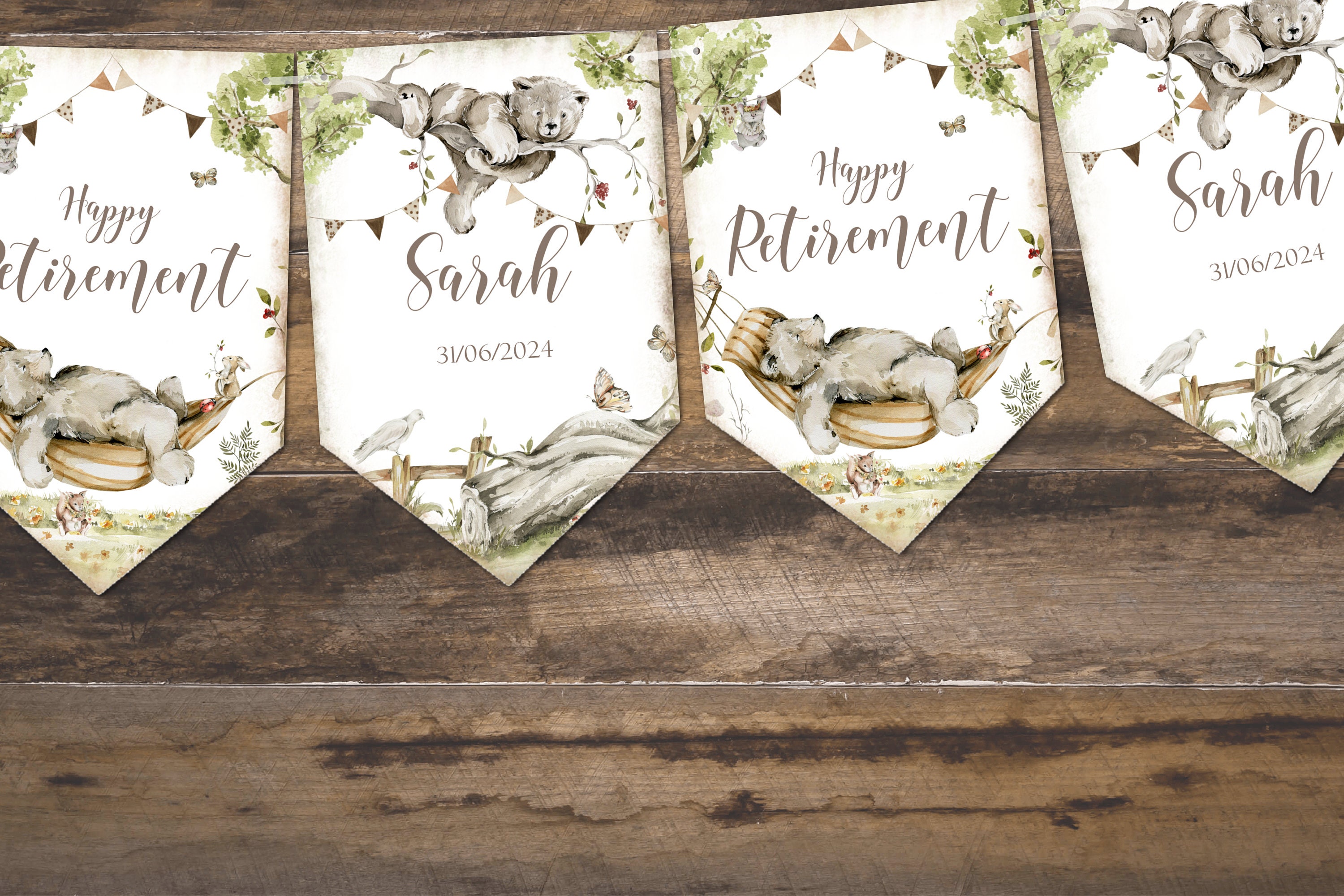 Personalised Woodland Bear Happy Retirement Bunting/banner & Ribbon - Etsy