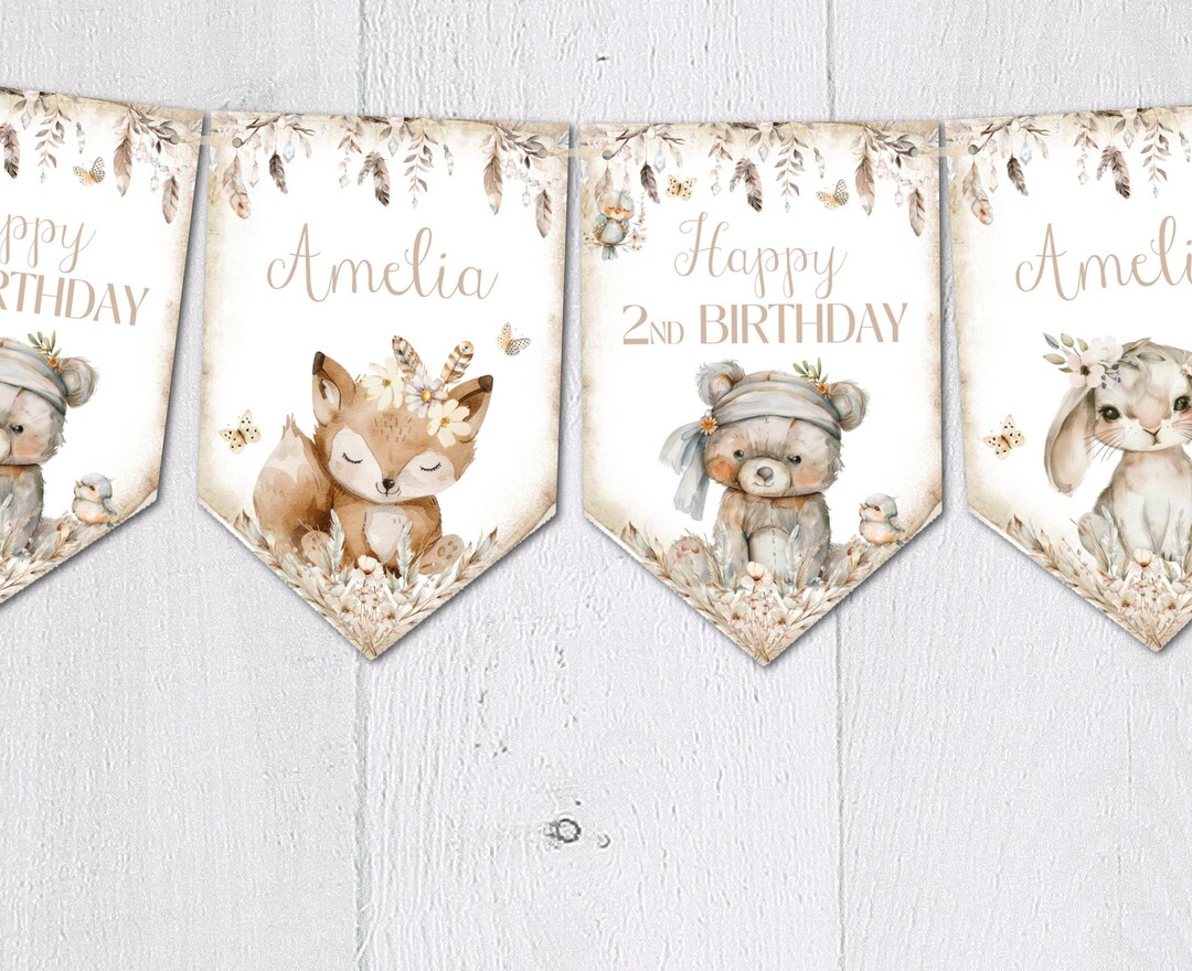 Boho Woodland Animals Neutral Shades Personalised Bunting Decoration ...