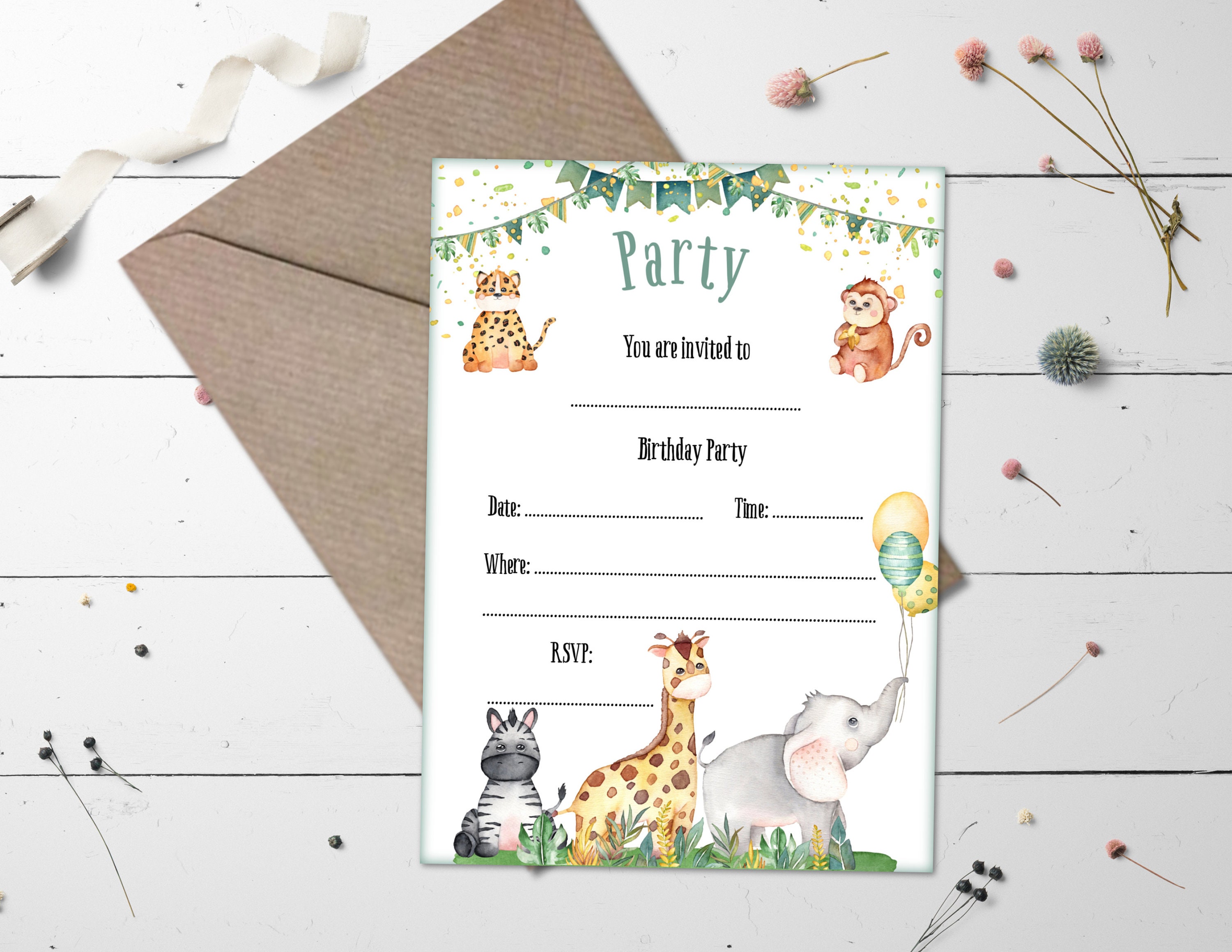 6 Jungle Safari Birthday Invitations & Envelopes - Etsy