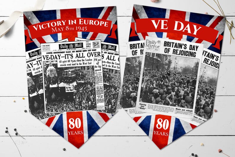 VE Day Newspaper Headlines 80 Years Celebration Union Jack Bunting ...