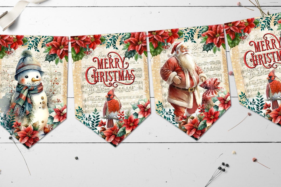 Christmas Bunting Holidays Vintage Style Santa Banner Bunting ...