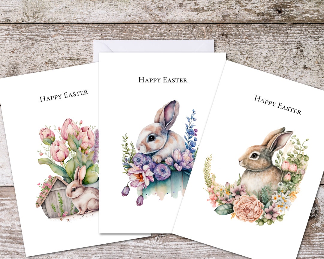 6 Blank Floral Easter Bunny Note Cards & Envelopes Easter Greetings ...