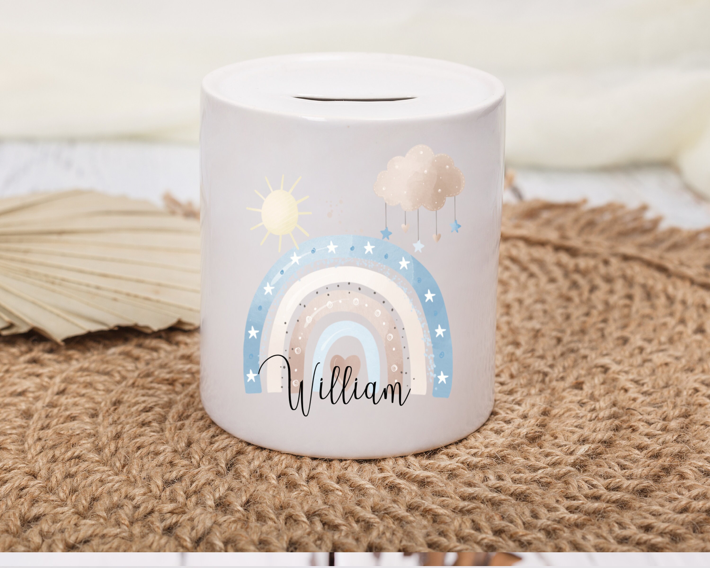 Personalised Baby's First Money Box Boho Rainbow Ceramic Savings Pot ...