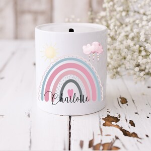 Personalised Baby's First Money Box Boho Rainbow Ceramic Savings Pot ...