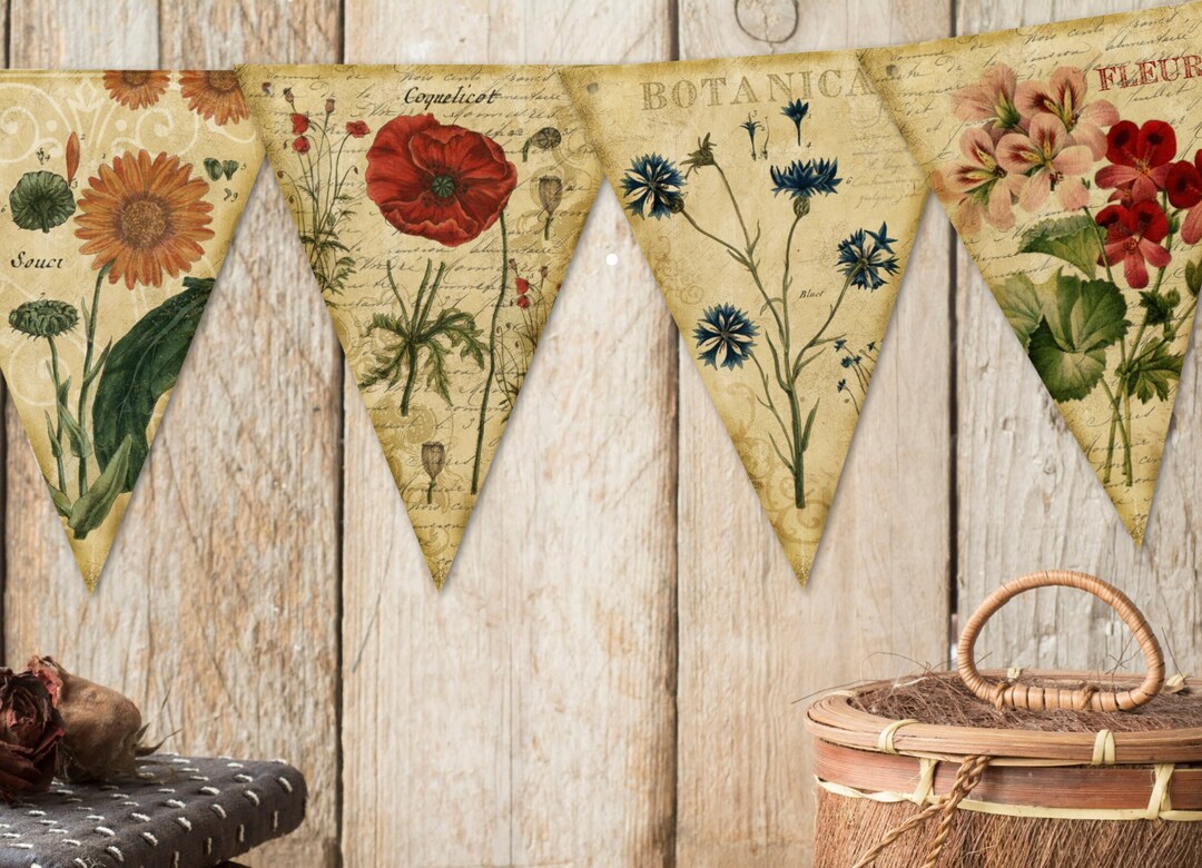 Vintage Style Summer Floral Botanical Bunting/banner With Organza ...