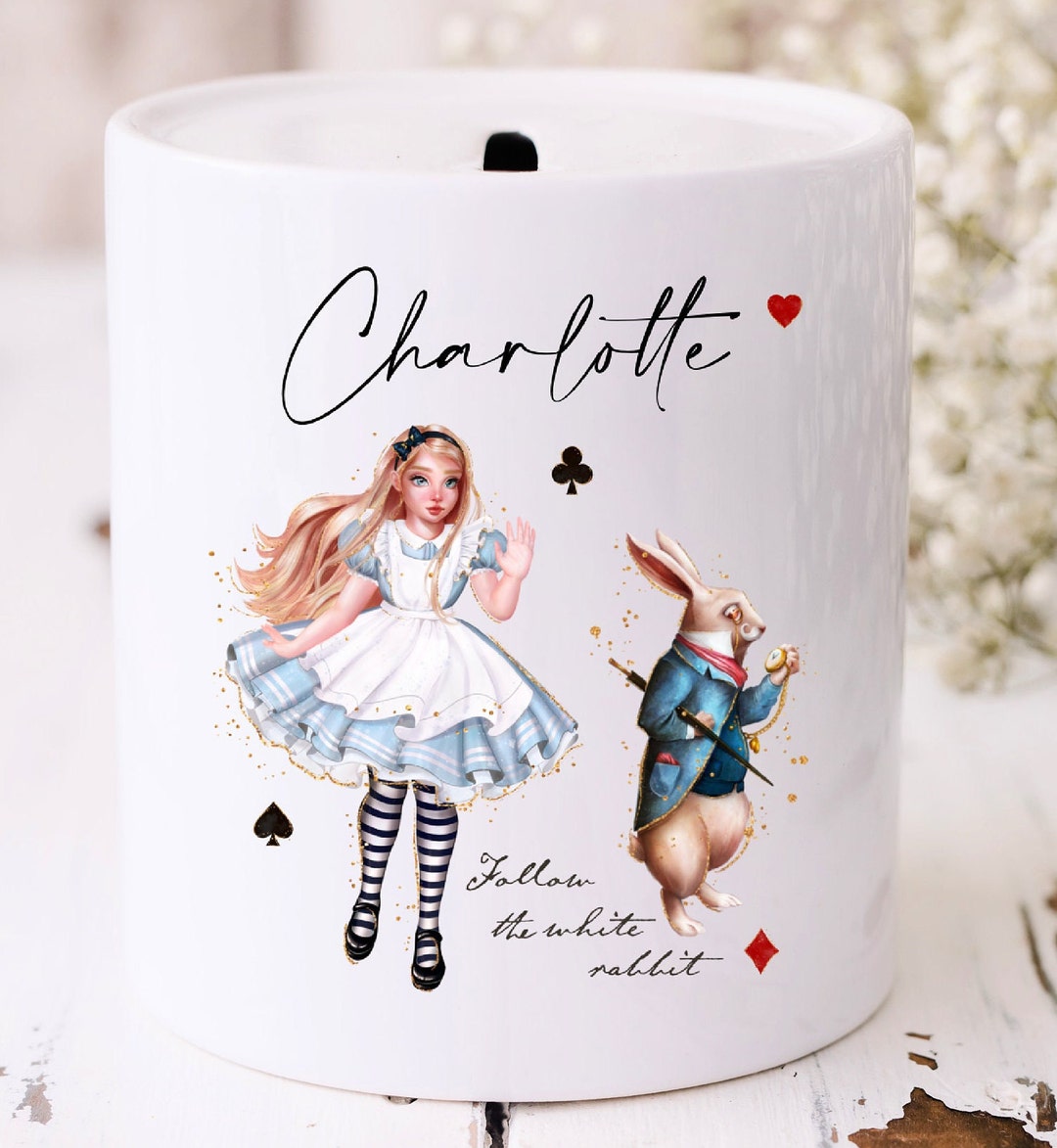 Personalised Ceramic Alice in Wonderland & White Rabbit Money Box ...