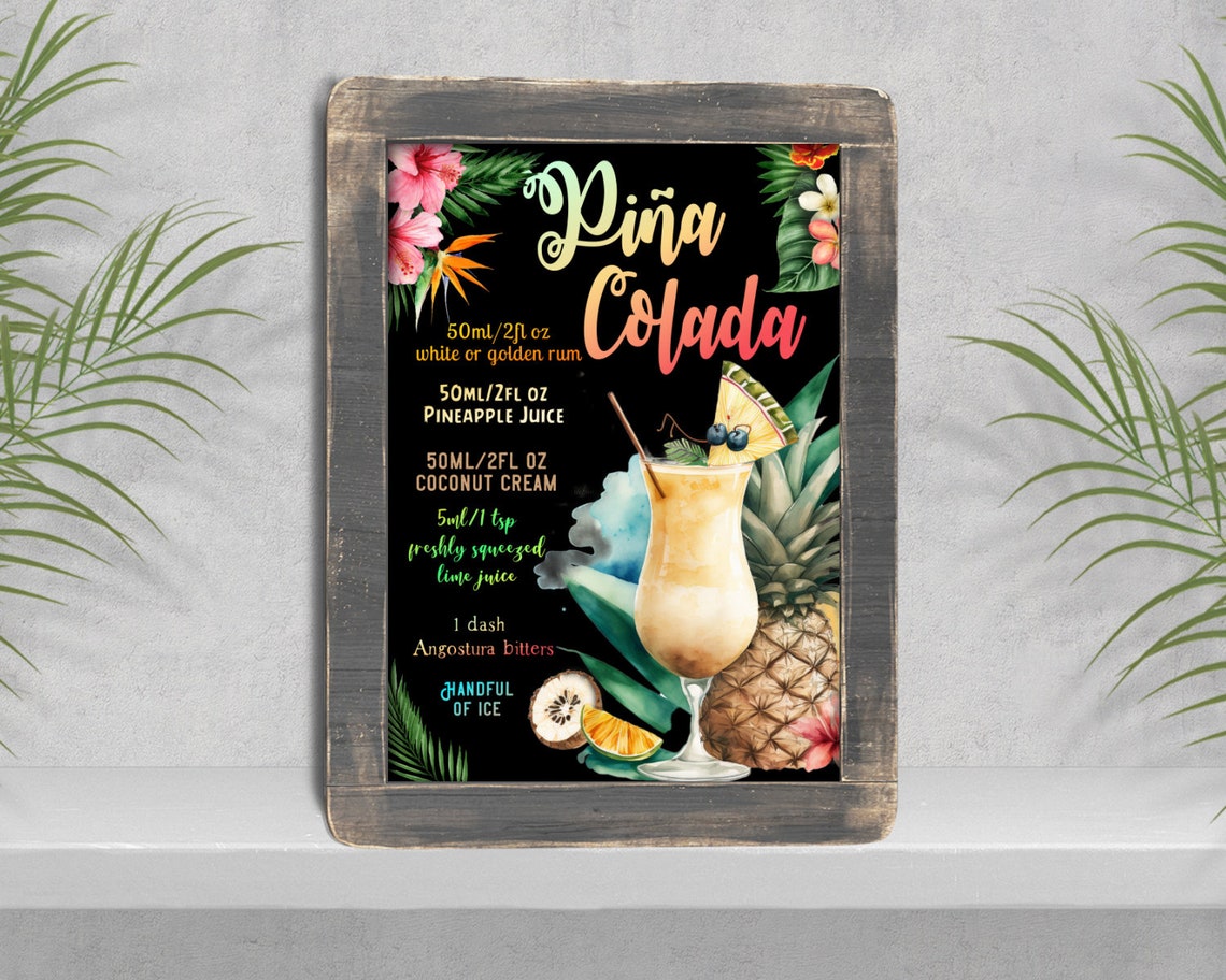 Cocktail Recipe 'piña Colada' Bar Sign Kitchen Tiki Bar - Choose Size ...