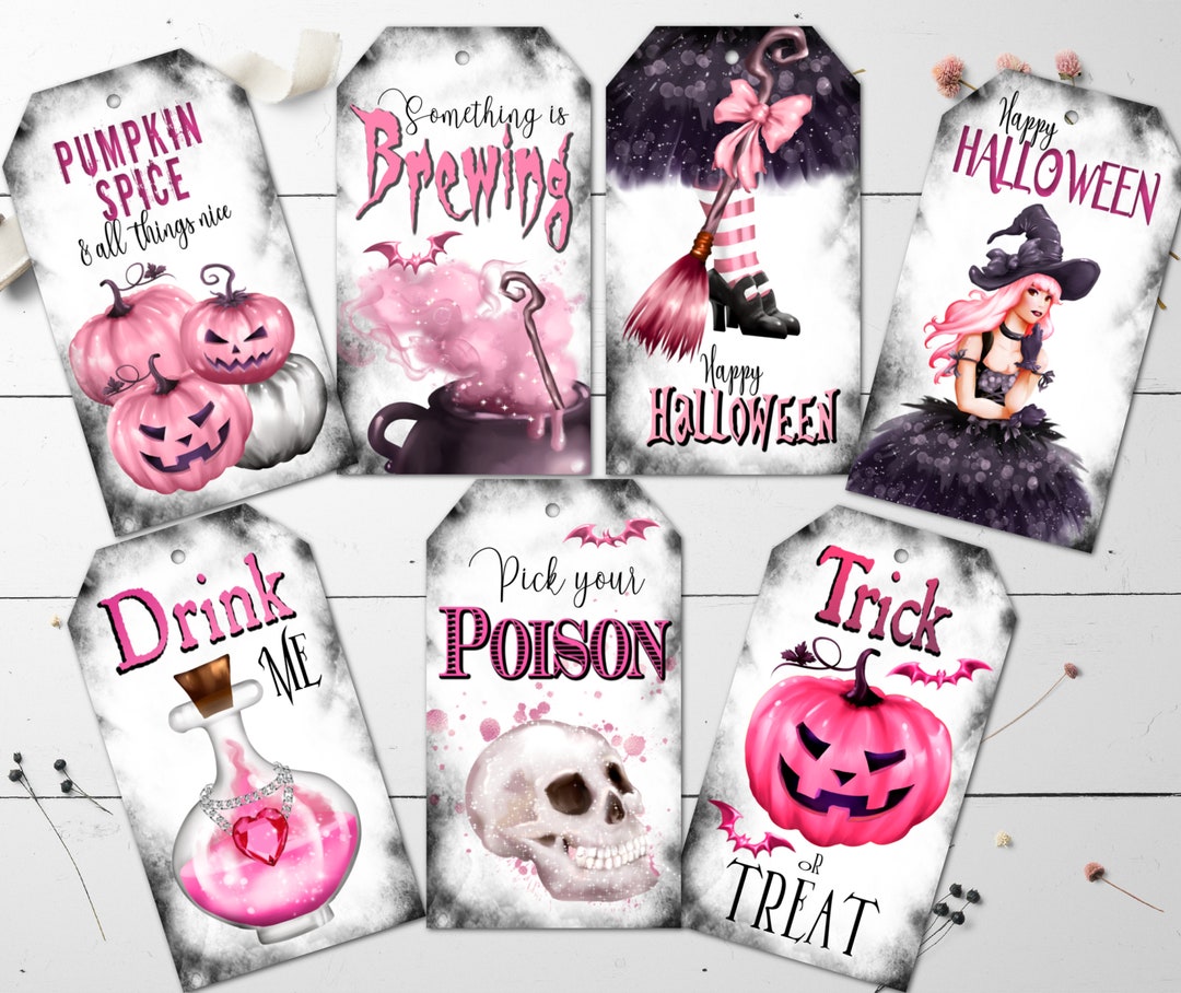 8 Halloween Tags Pink Witches & Pumpkins With Ribbon - Etsy