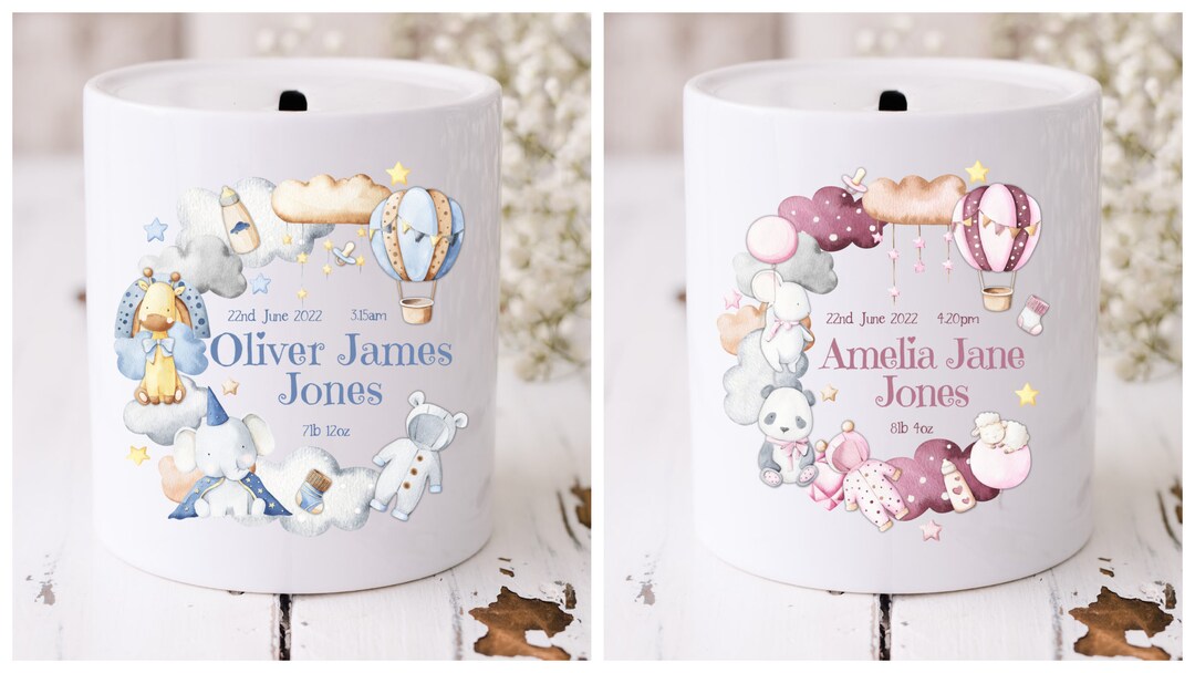 Personalised Children's Baby's First Money Box Birth Record Savings ...