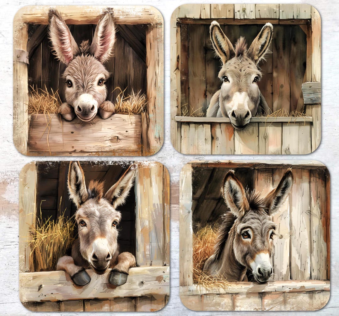 Rustic Donkey Coaster Set - 4 Country Style Drinks Tea Coffee Coasters ...