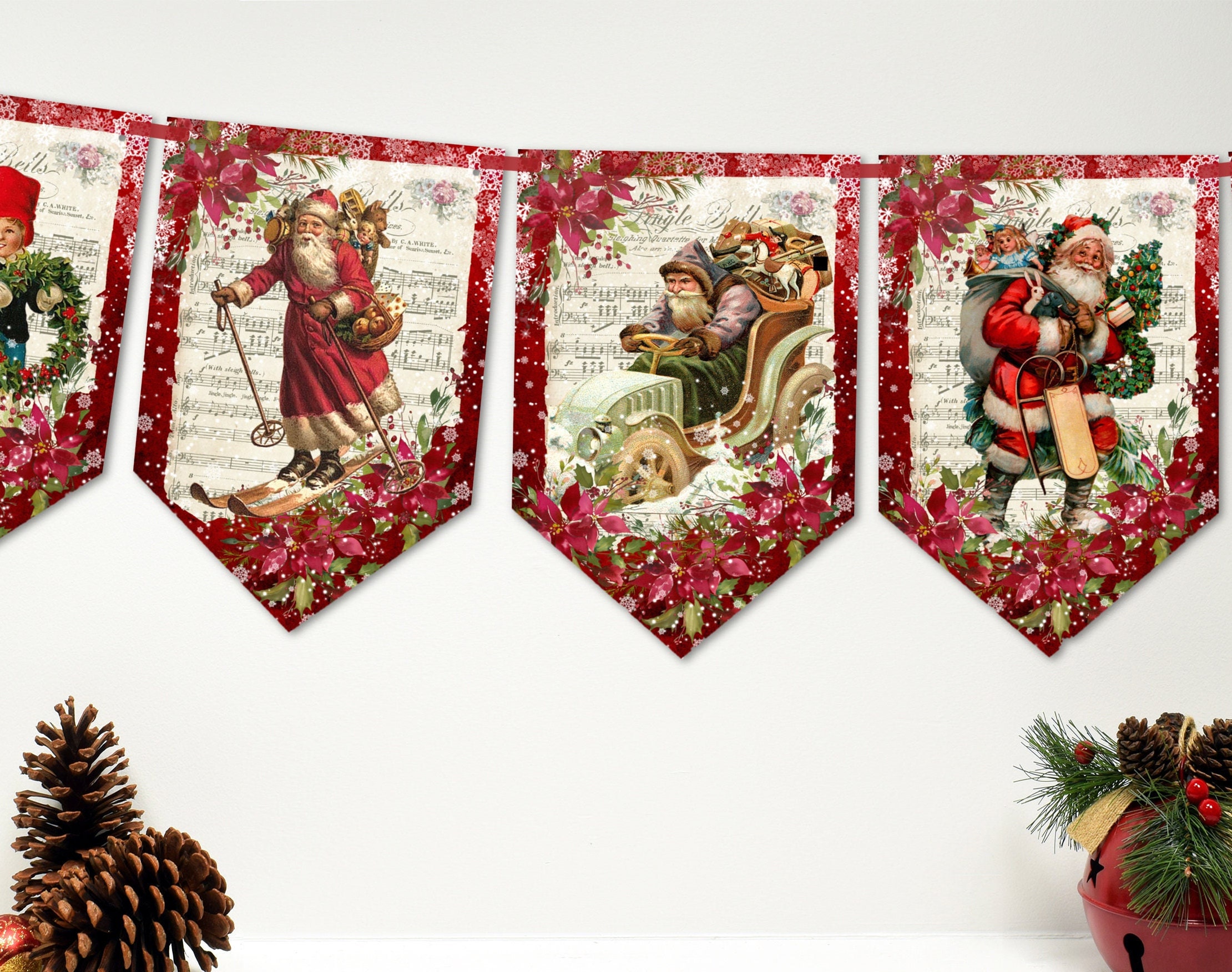 Christmas Bunting Holidays Vintage Victorian Santa Banner Bunting ...