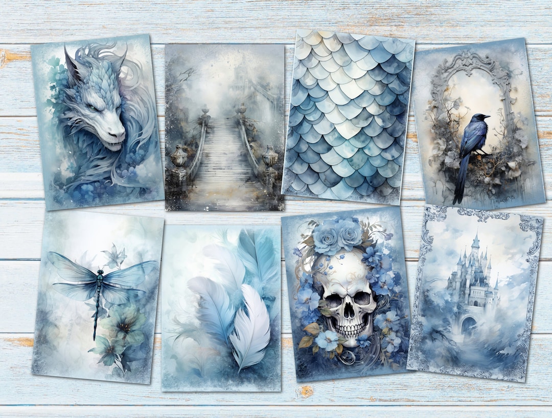 8 Mythical Magical Shades of Blue ATC Cards Tags Toppers Embellishments ...
