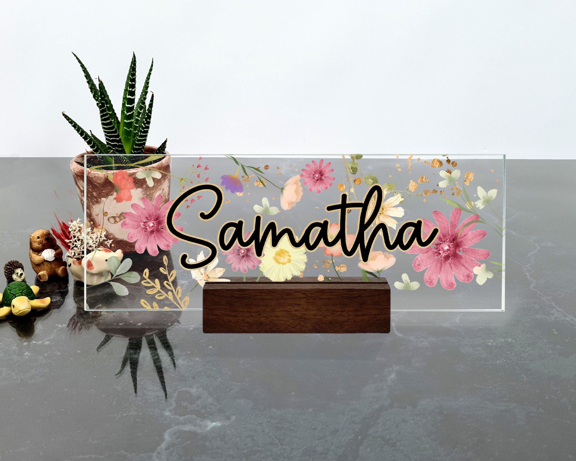 Flower Custom Name Plate for Desk, Customized Acrylic Plate Gift for ...