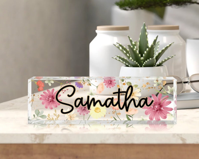 Flower Custom Name Plate for Desk, Customized Acrylic Plate Gift for ...