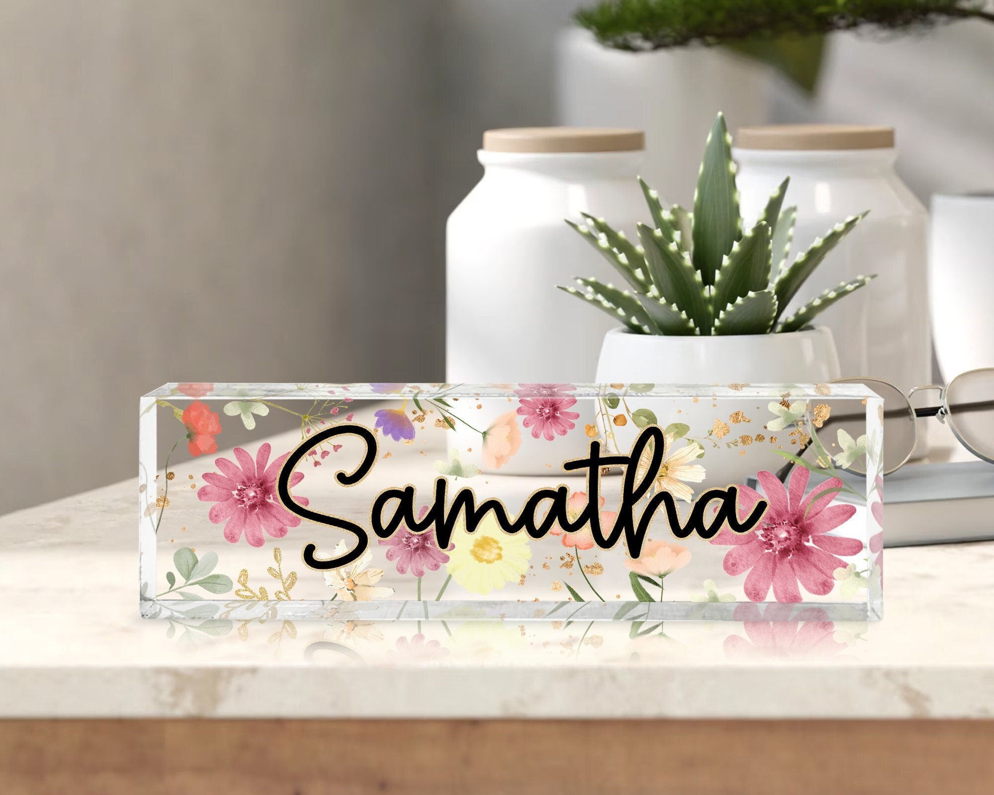 Flower Custom Name Plate for Desk, Customized Acrylic Plate Gift for ...