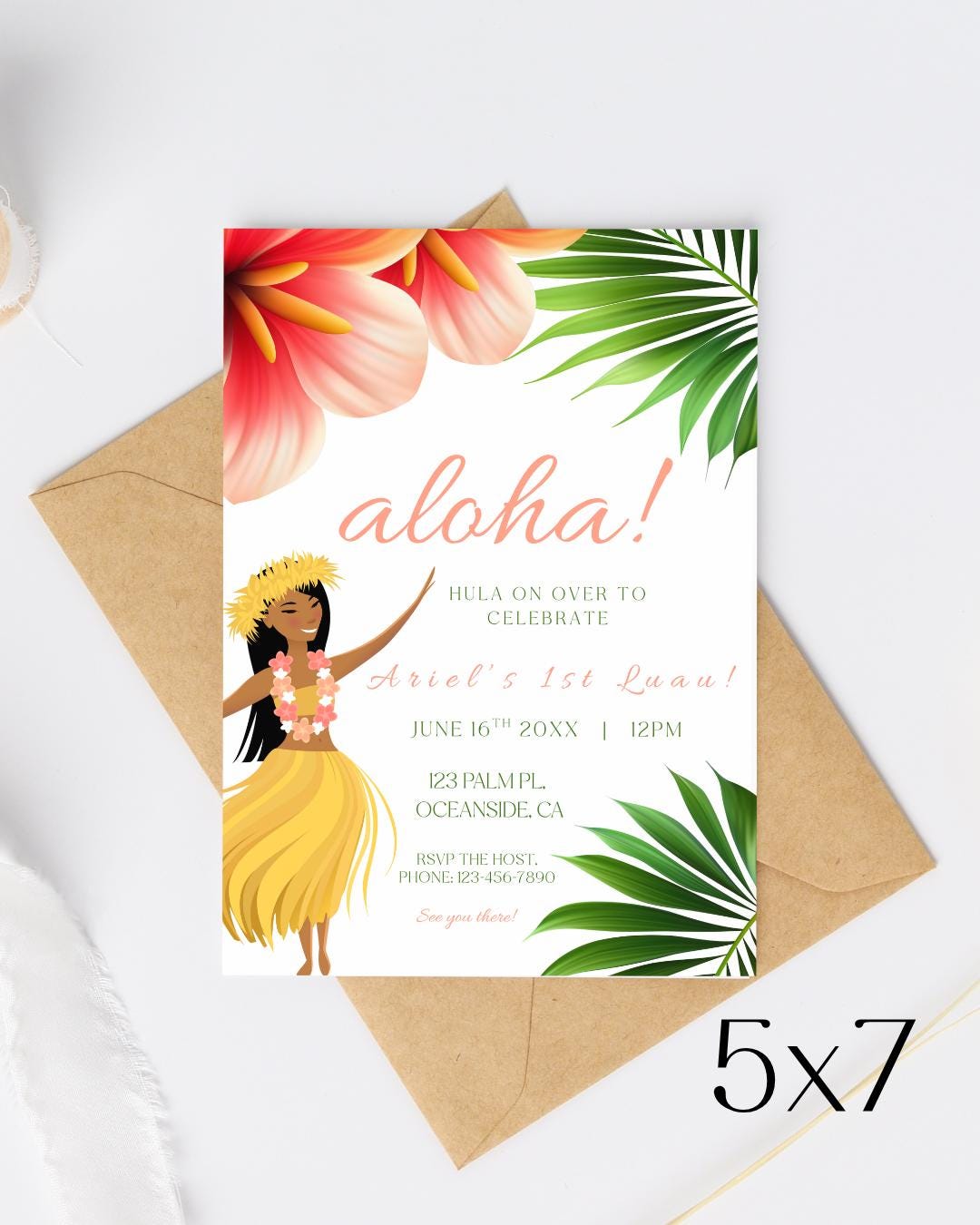 Aloha Luau First Birthday Invitation: Hula Girl, Tropical Flowers ...