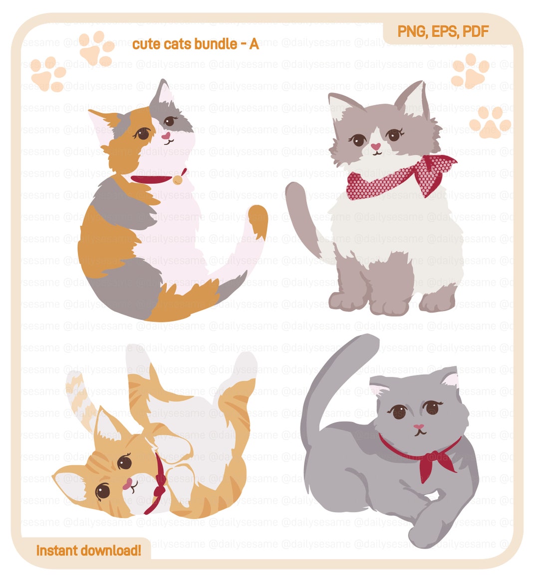 Cute Cat Bundle Clipart Kitty Icons PNG Illustration Graphic| for Cards ...