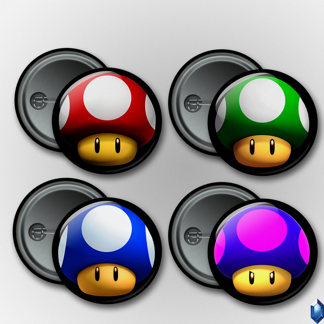 Super Mario Mushrooms Power up Extra Life Mini Poison Buttons Badge ...