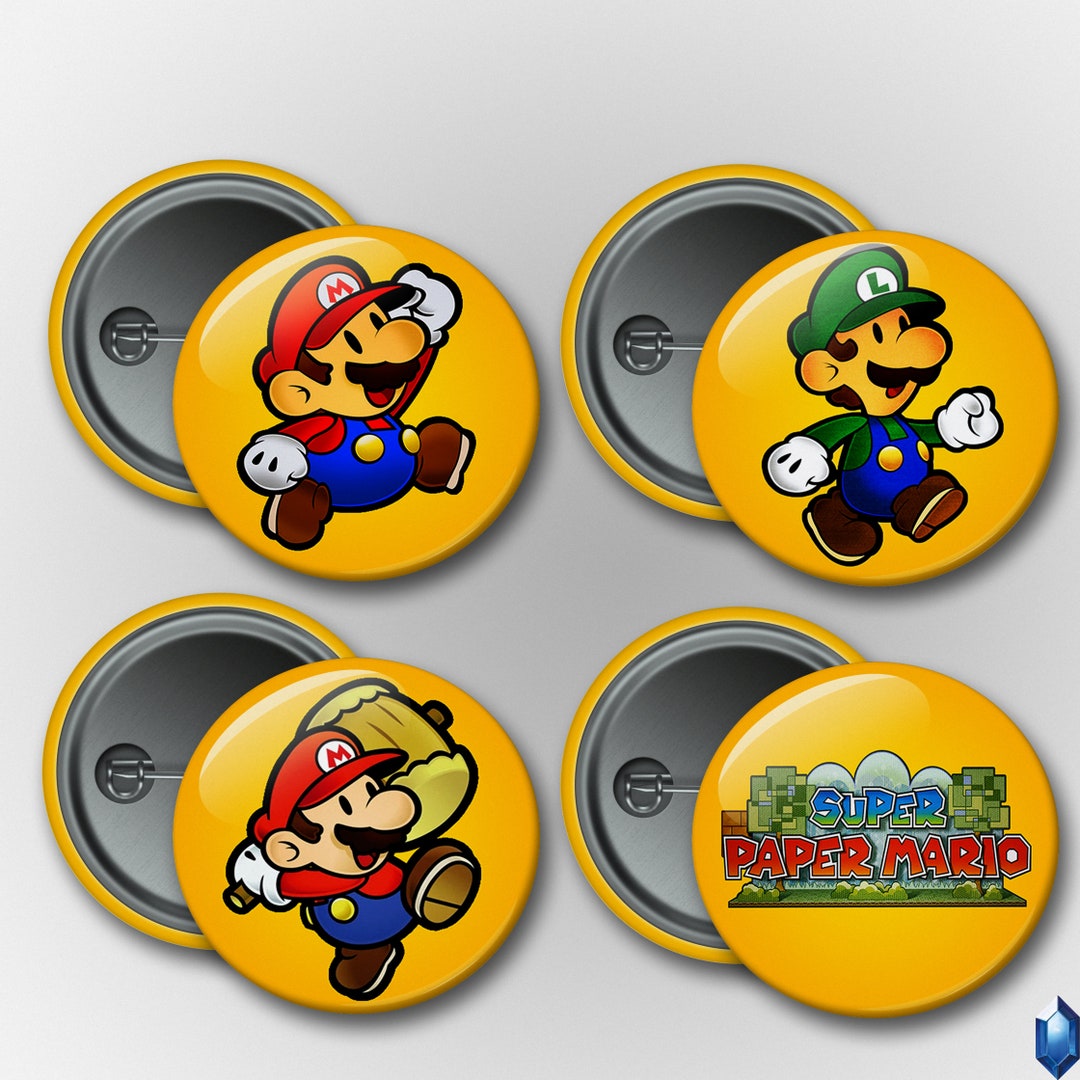 Super Paper Mario Paper Luigi Mario With Hammer Logo Buttons Badge ...