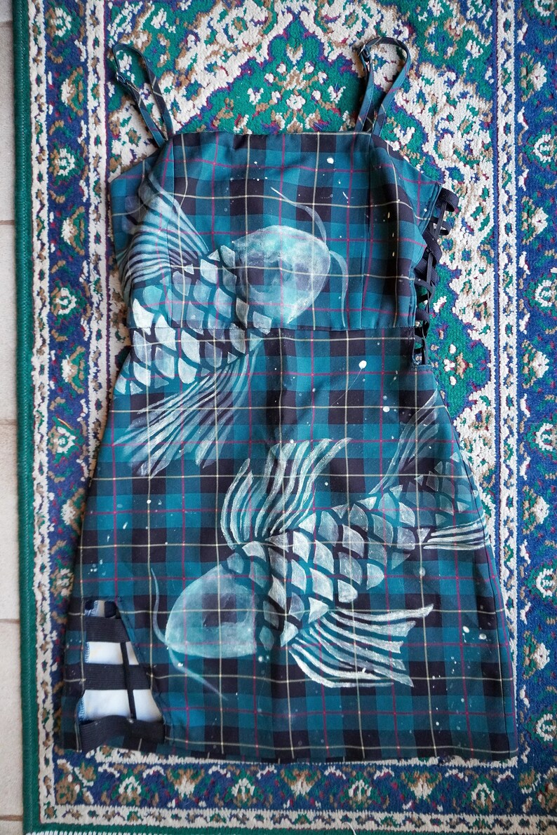 Upcycled Hand Painted Dress Koi Fish Plaid Bodycon Dress - Etsy