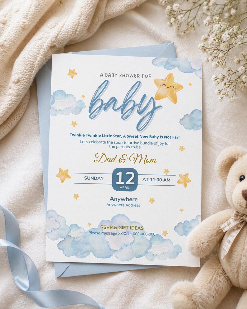 Twinkle Twinkle Little Star Baby Boy Shower Invitation (A6 Editable ...