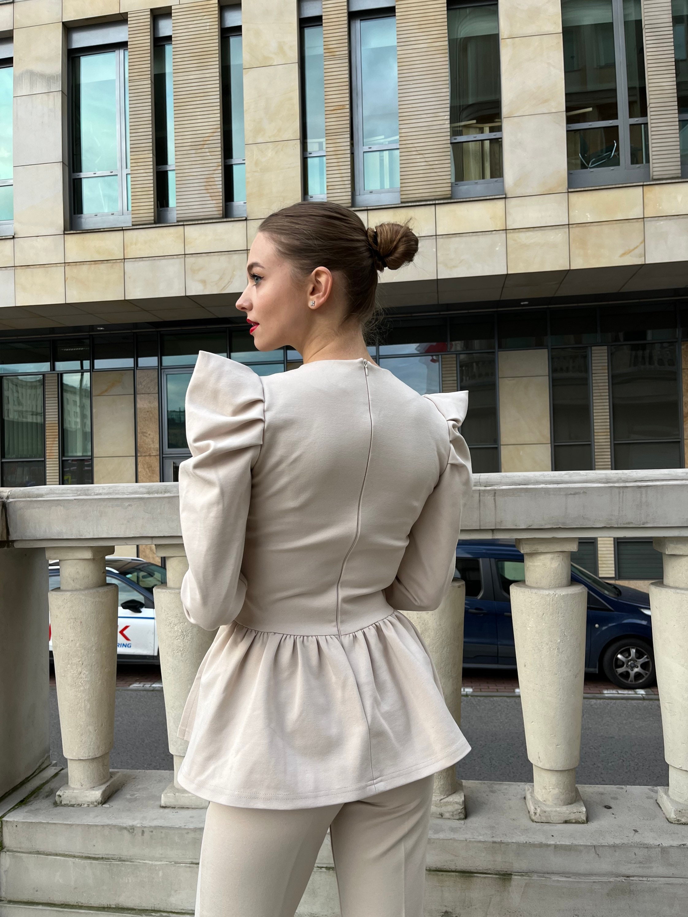 Two Piece Women Beige Suit, Long Sleeve Blouse With Basque & Boot Cut ...