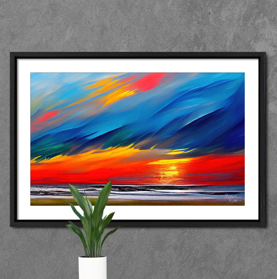 Beach Sunset Art Print From Original Painting, Abstract Artwork, Golden ...