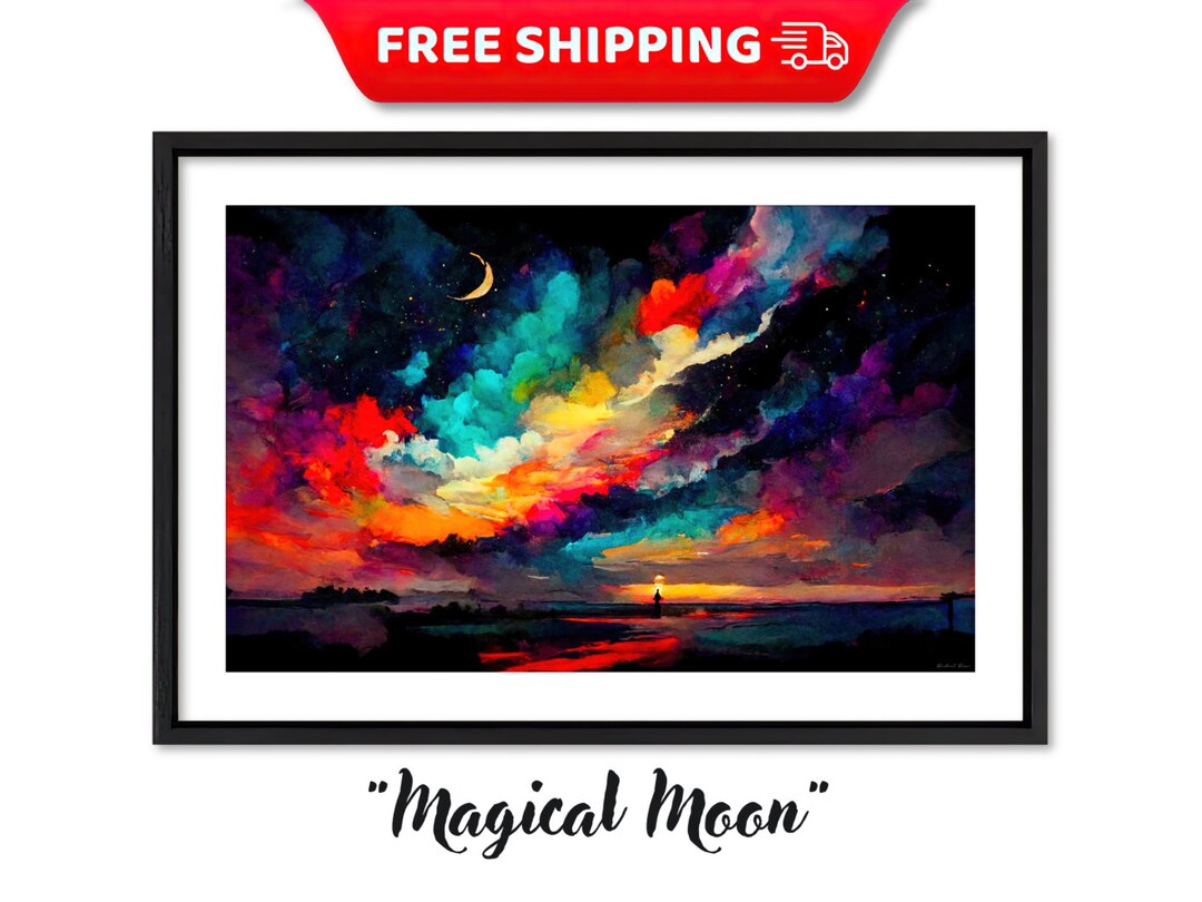 Colorful Moon Starry Night Print, Abstract Night View Scenic Print ...