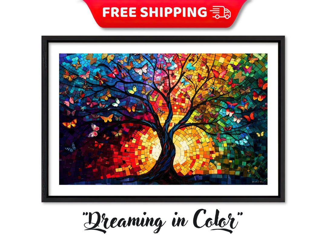 Mosaic Tree Wall Art, Stained Glass Painting, Butterfly Decor, Colorful ...