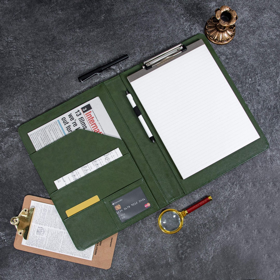 Personalized A4 Green Vegan Leather Portfolio, Leather Padfolio With ...