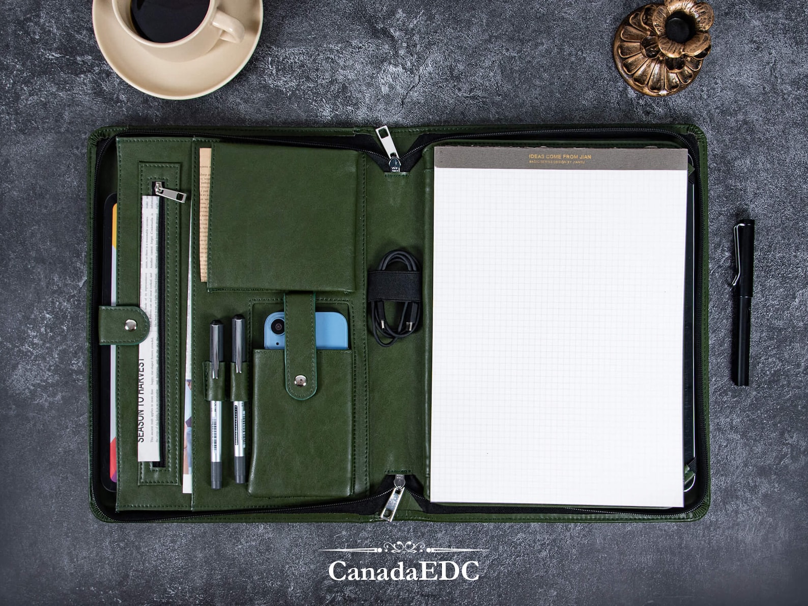 13in Personalized Green Vegan Leather Portfolio With Zipper,a4 Padfolio ...