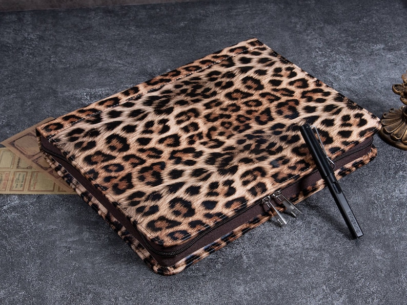 Name&logo Engraved Leopard Print Leather Portfolio for Her, 3-ring ...