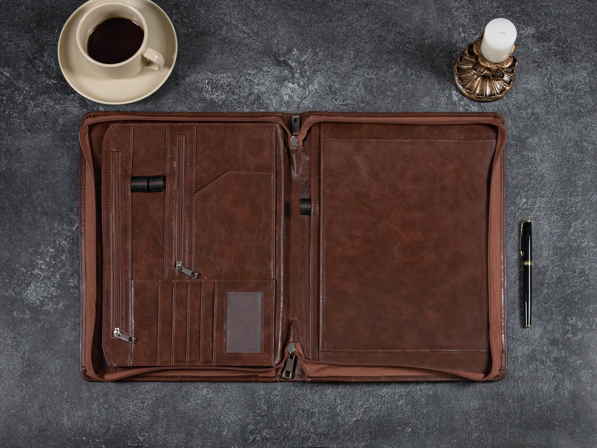 Personalized Dark Brown Leather Portfolio With Zipper,engraved Business ...
