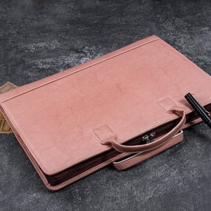 15.3" Pink Vegan Leather Portfolio With Handle, Personalized Briefcase ...