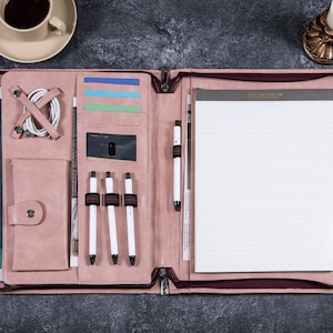 Women’s Pink A4 Vintage Leather Portfolio, Engraved Name&logo Leather ...