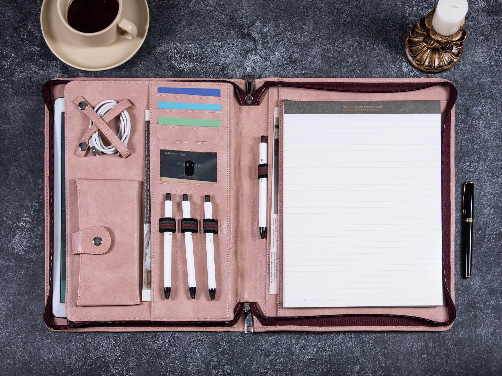 Womens A4 Engraved Name&logo Pink Leather Portfolio,zipeered Vintage PU ...