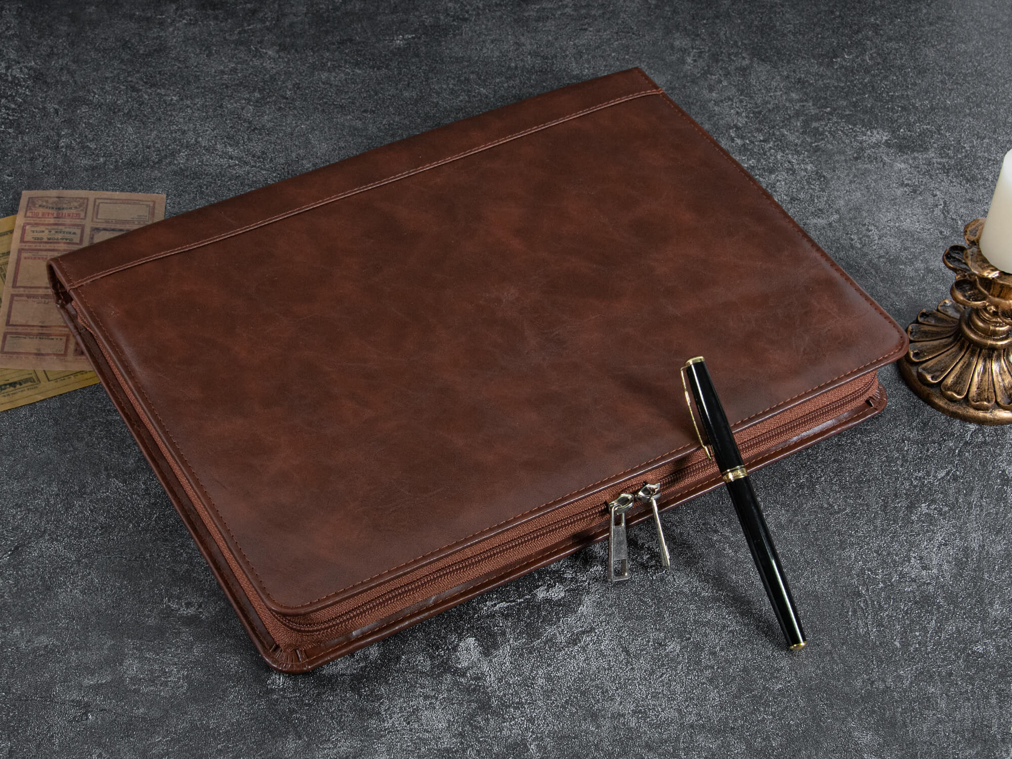 Personalized Dark Brown Leather Portfolio With Zipper,engraved Business ...