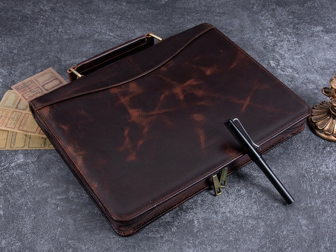 Personalized Genuine Leather Portfolio With Handle, A4 Oil Wax Leather ...