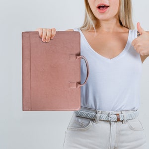 15.3" Pink Vegan Leather Portfolio With Handle, Personalized Briefcase ...