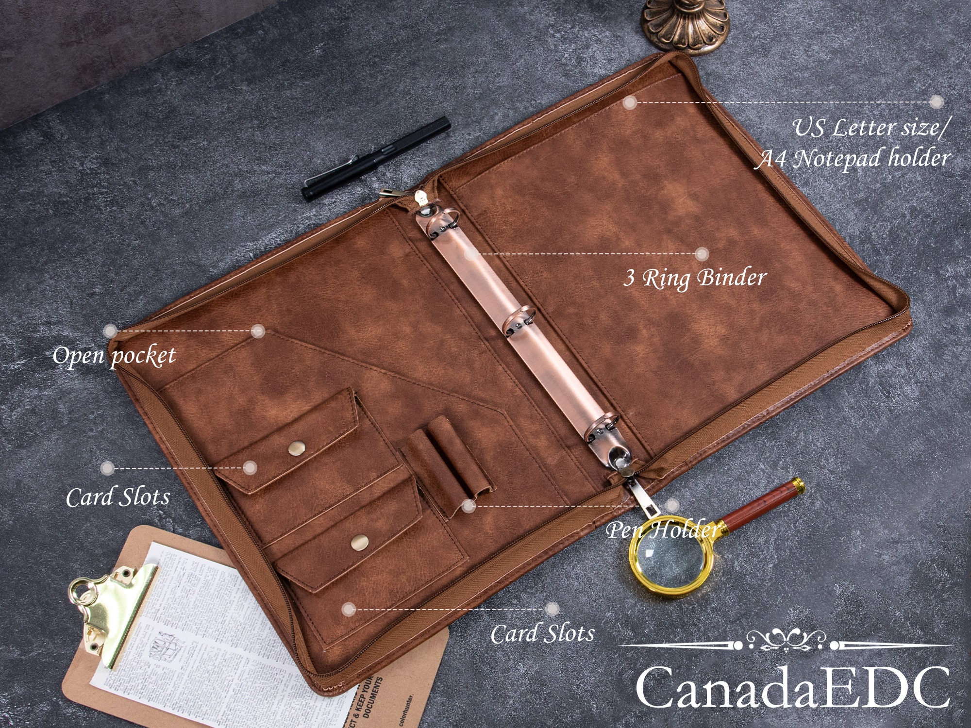 Men's 3 Ring Binder Vintage Brown Leather Portfolio With Zipper, A4 ...