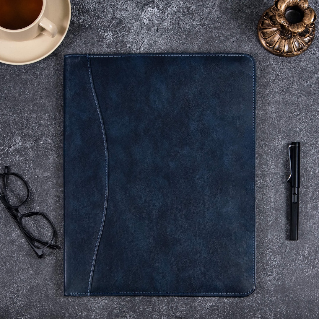 A4 Engraved Navy Blue Pu Leather Portfolio With Clipboard,personalized ...