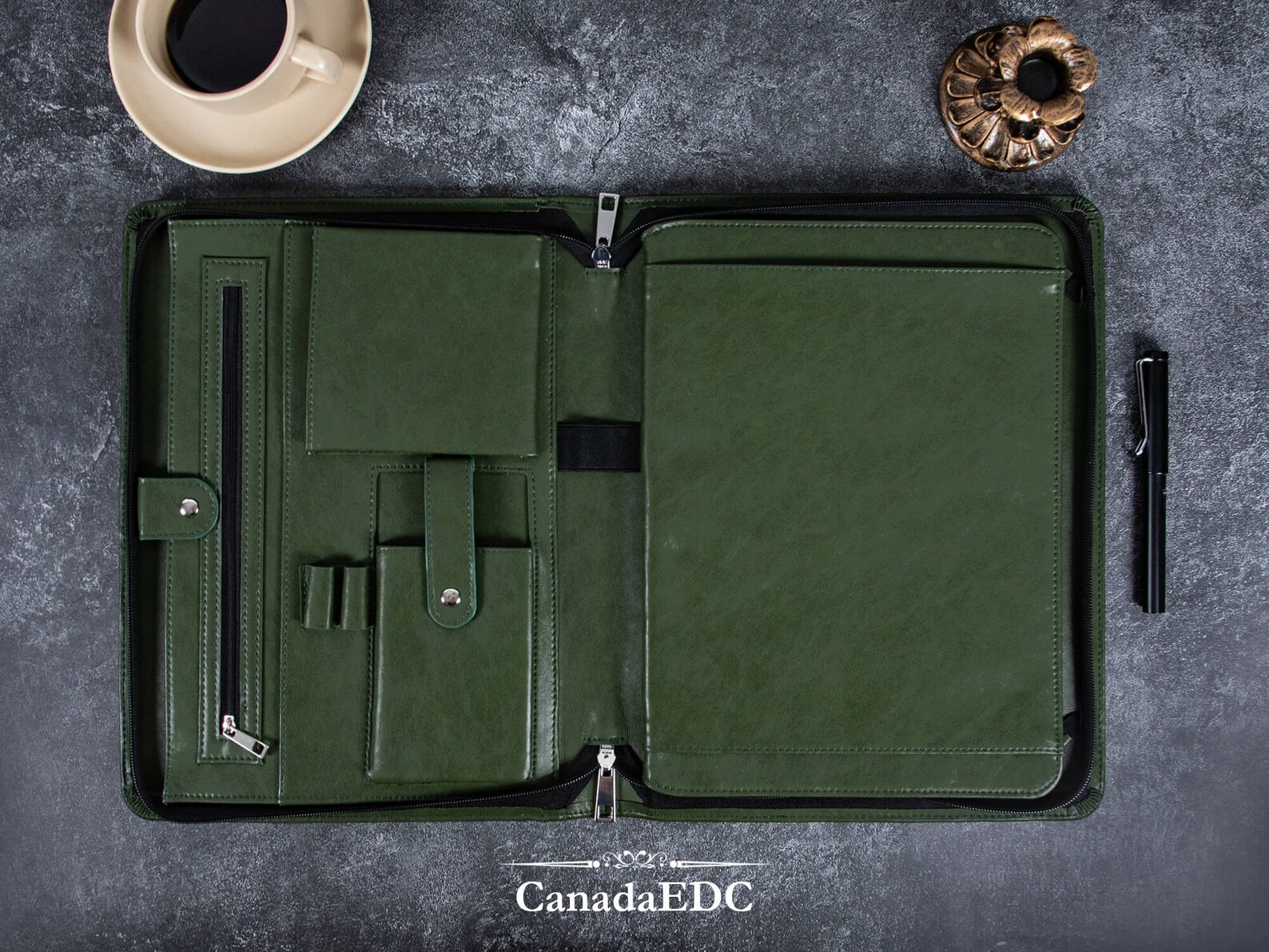13in Personalized Green Vegan Leather Portfolio With Zipper,a4 Padfolio ...