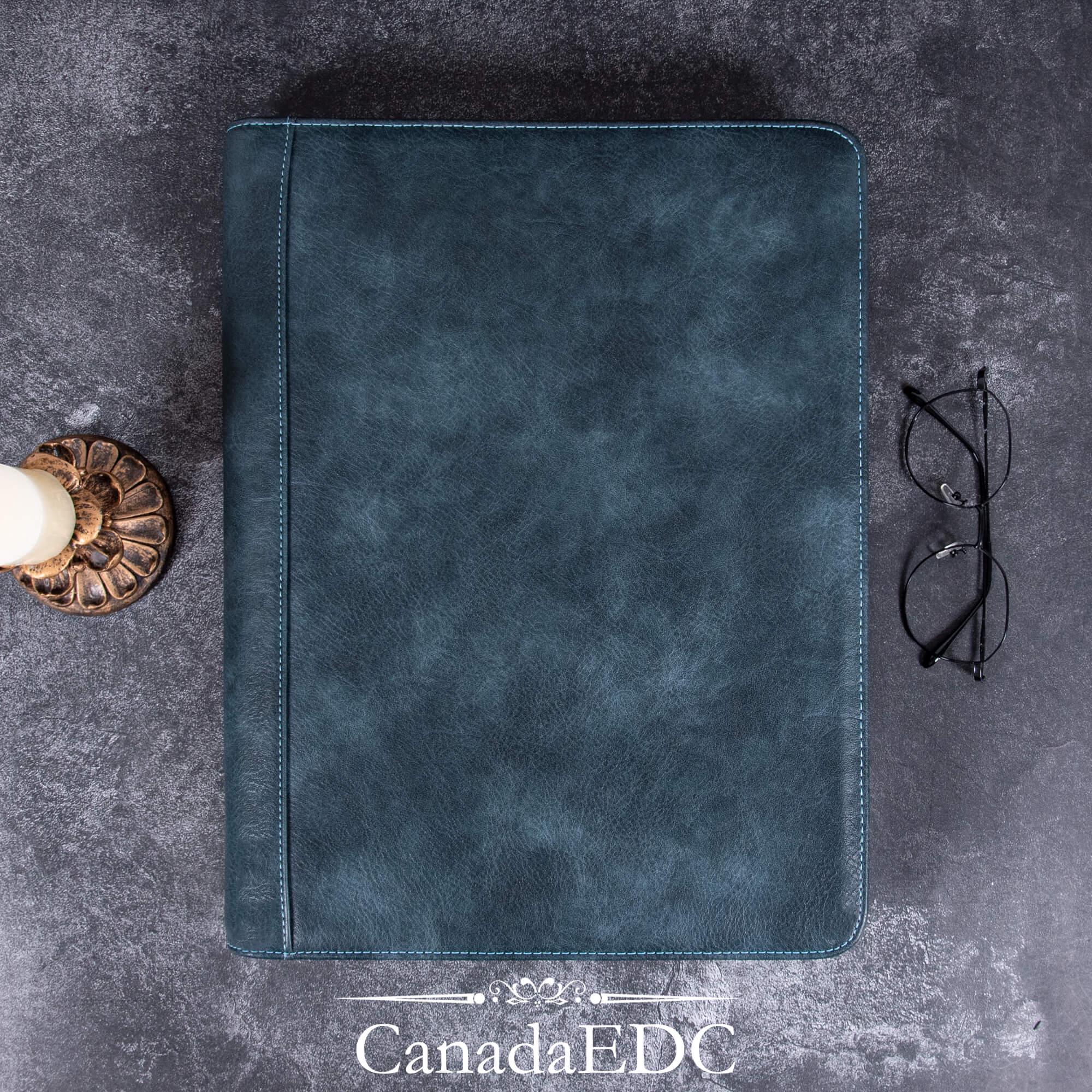 A4 Engraved Blue Leather Portfolio for Him, Vintage PU Leather Padfolio ...