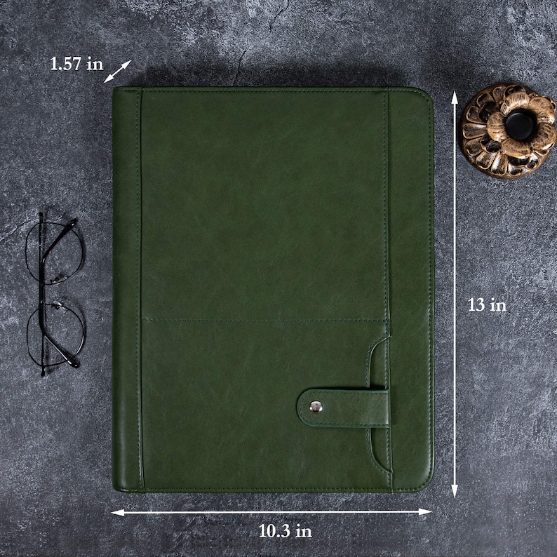 13in Personalized Green Vegan Leather Portfolio With Zipper,a4 Padfolio ...