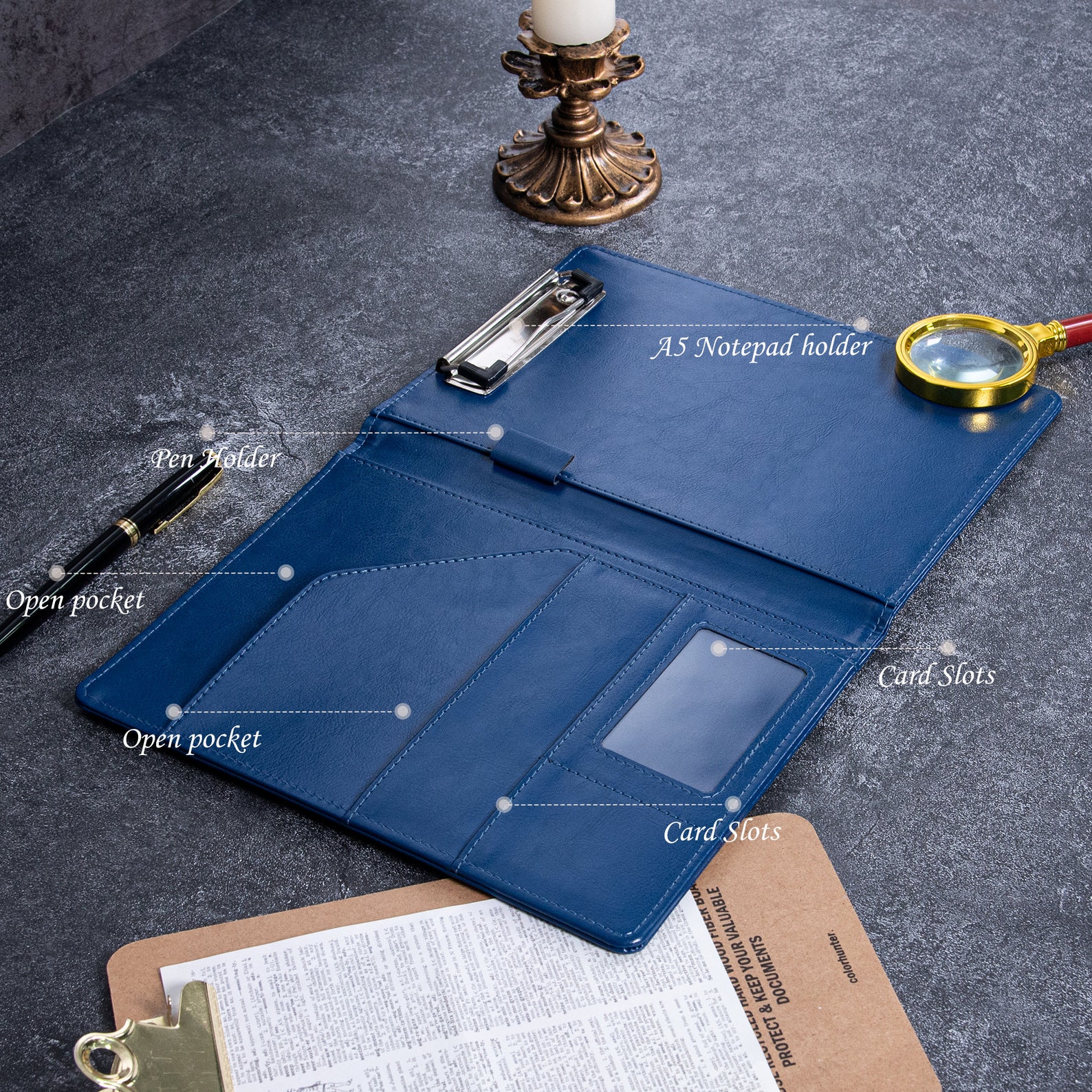 A5 Monogrammed Navy Blue Pu Leather Portfolio for Men, Personalized ...