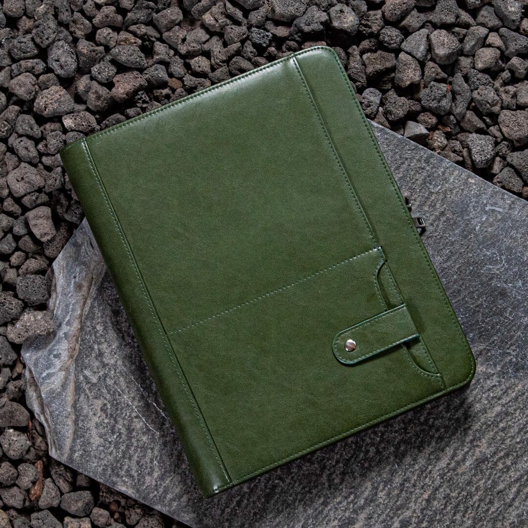 13in Personalized Green Vegan Leather Portfolio With Zipper,a4 Padfolio ...