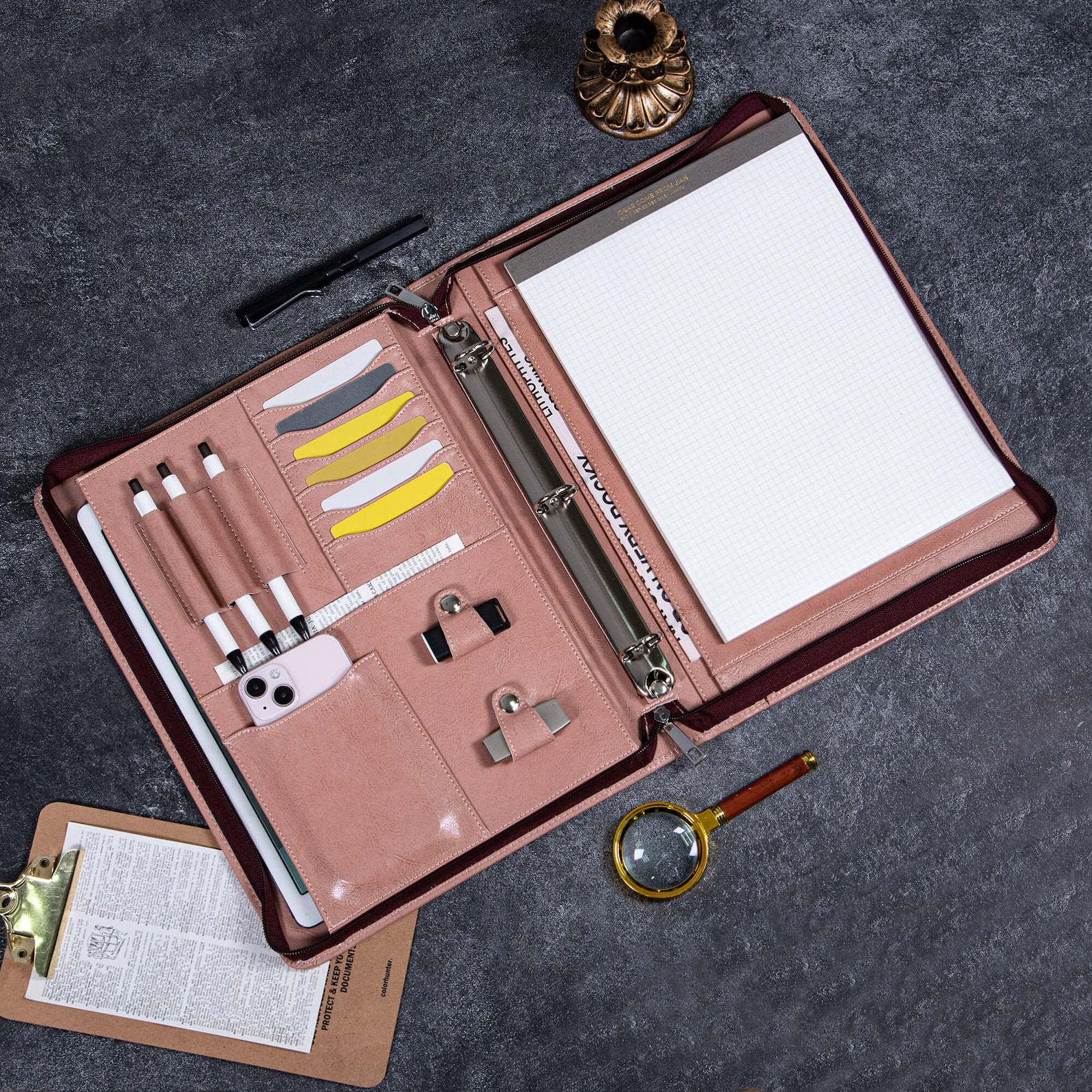 3-ring Binder Pink Vegan Leather Portfolio, Zippered Padfolio With A4 ...